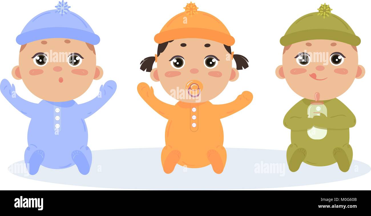Cute vector set of three babies smiling. Baby triplets sitting in ...