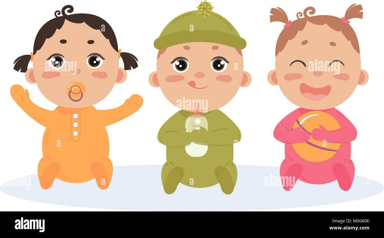 Cute vector set of three babies smiling. Baby triplets sitting in ...