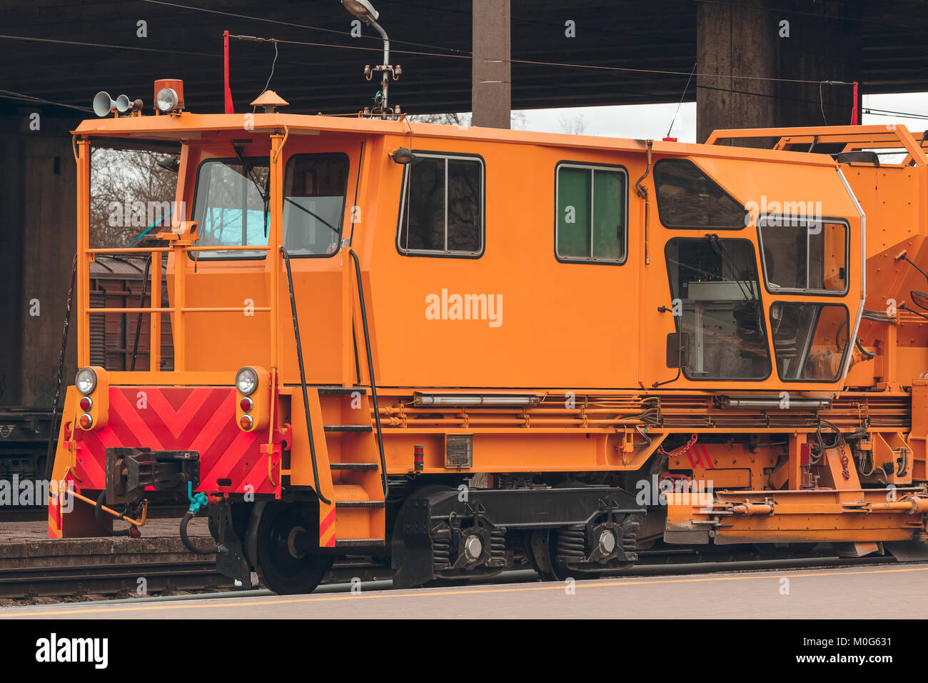 Ballast distributing and profiling track machine. Repair train Stock ...