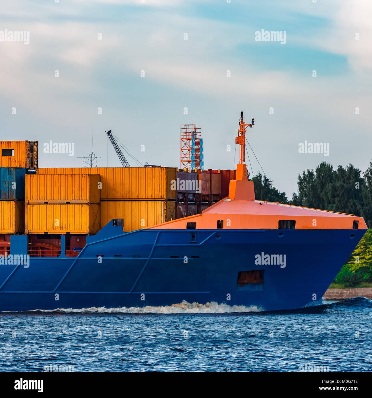 Blue container ship. Global logistics and merchandise transfer Stock ...