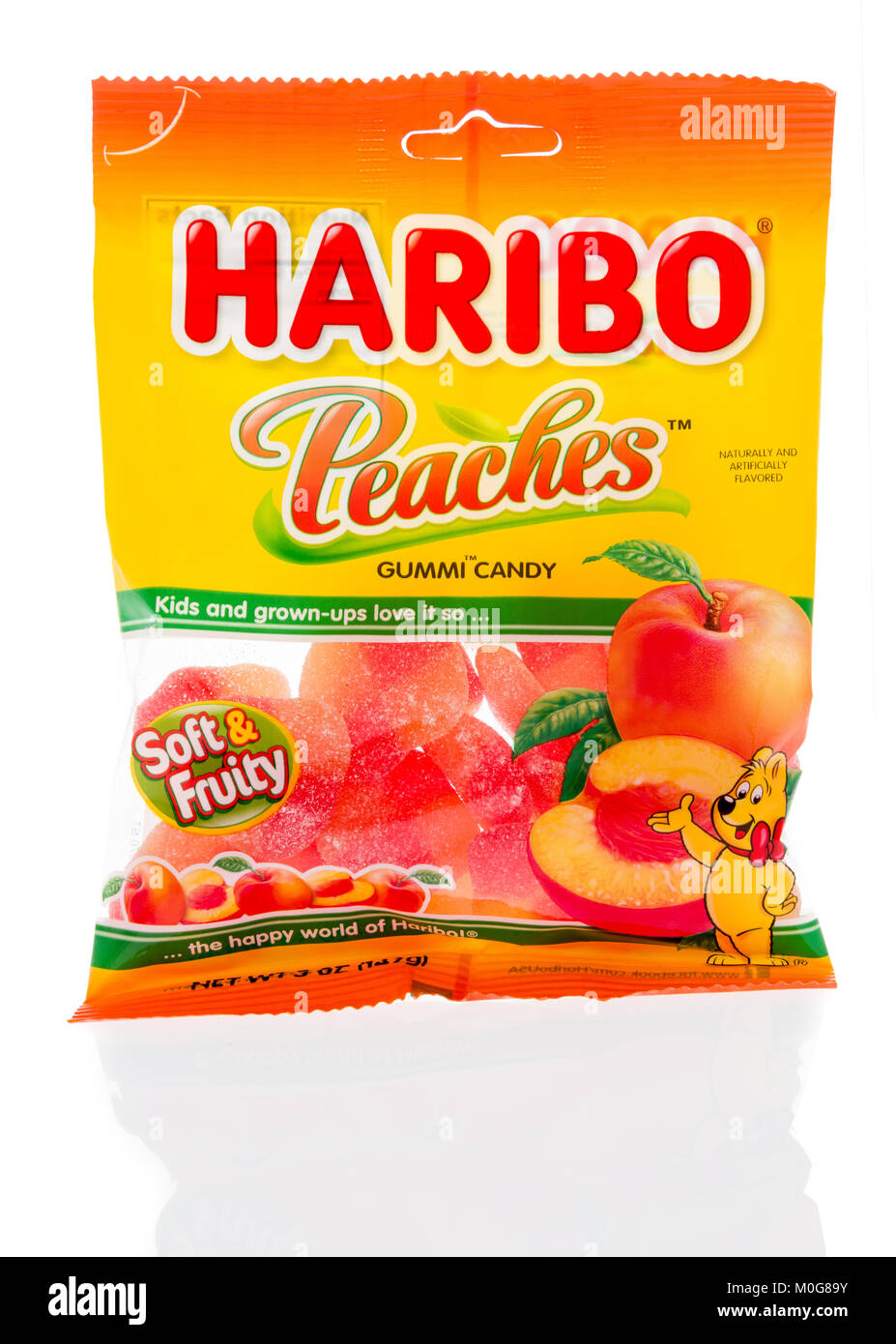 Winneconne, WI - 18 January 2018: A package of Haribo peaches gummi ...
