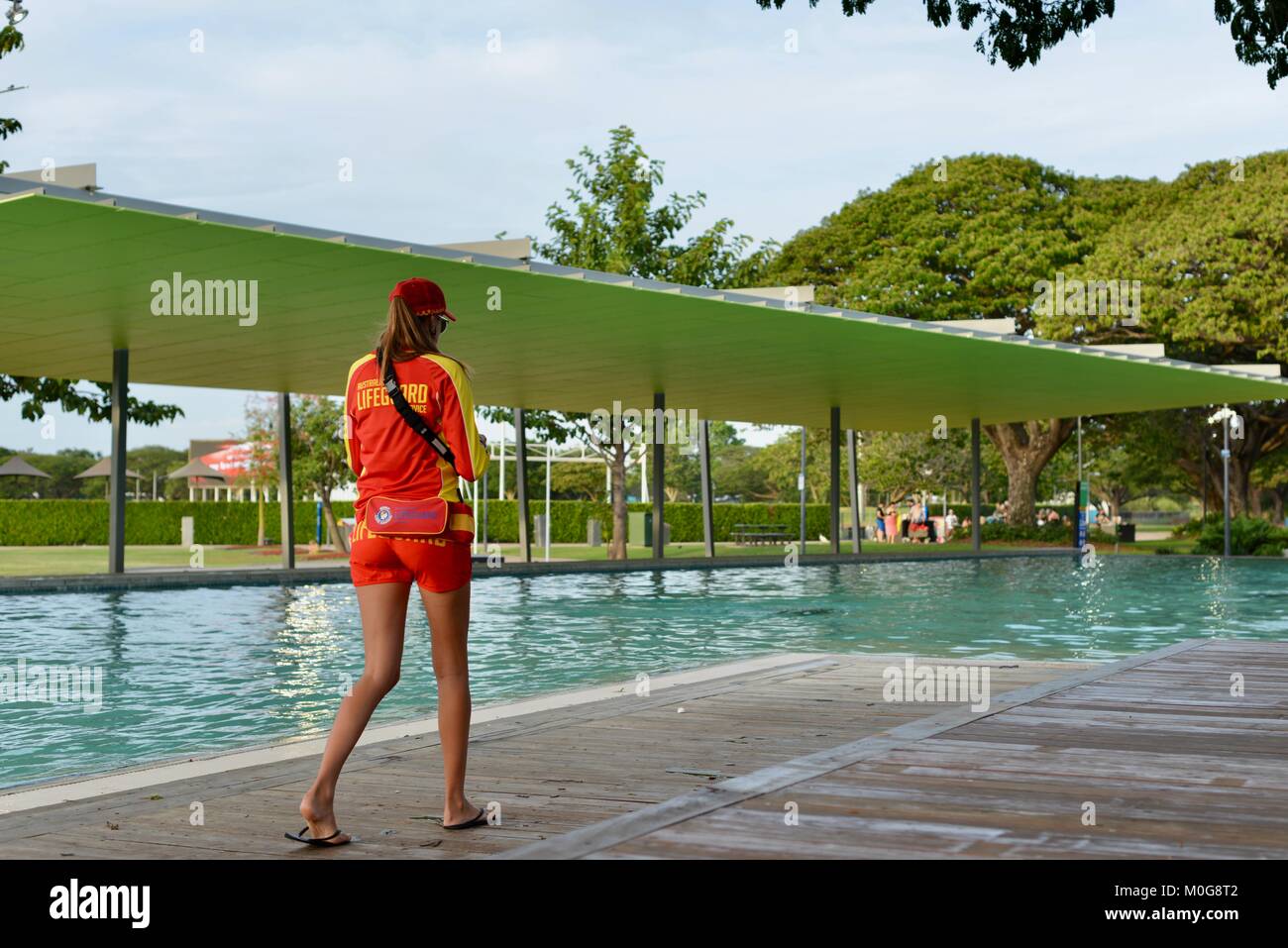 Lifeguard watching over the pool in preparation for the Riverway pool ...
