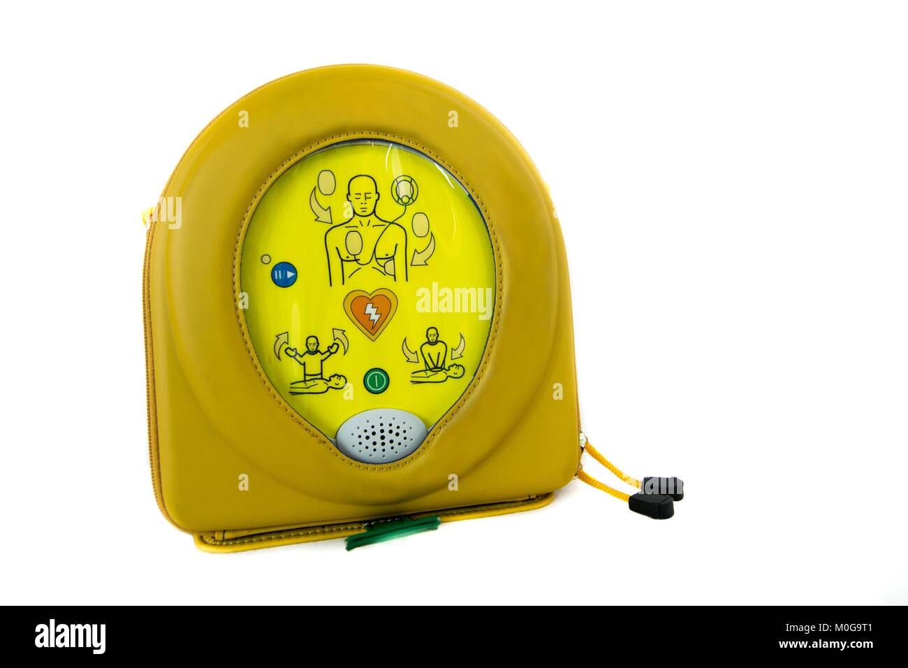 Automated external defibrillator or AED in his case isolated on white ...