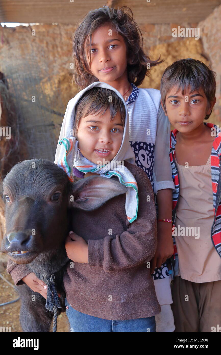 BUNDI, RAJASTHAN, INDIA - DECEMBER 09, 2017: Portrait of three children ...