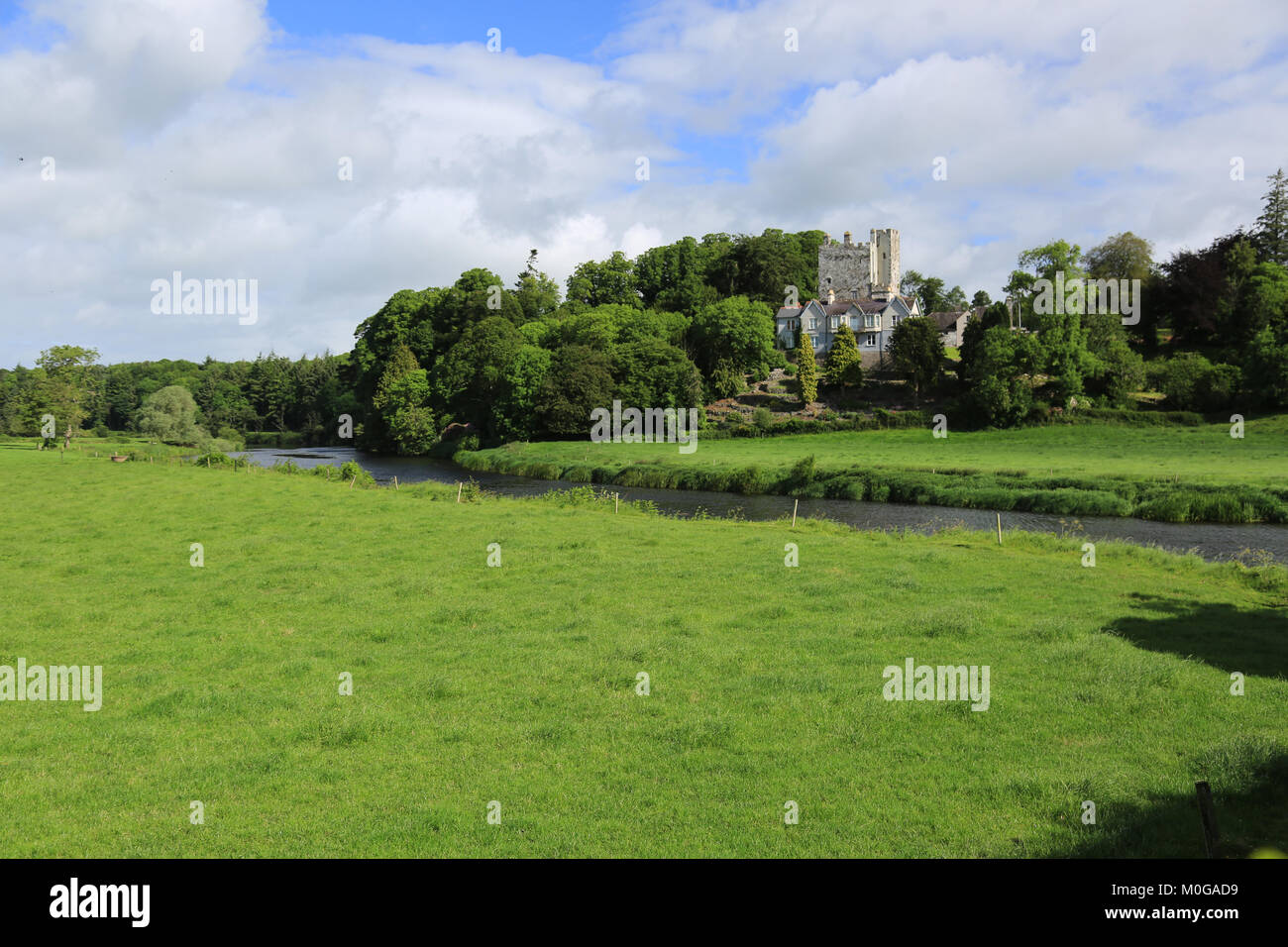 large green field on a river bank with castle in background, county ...
