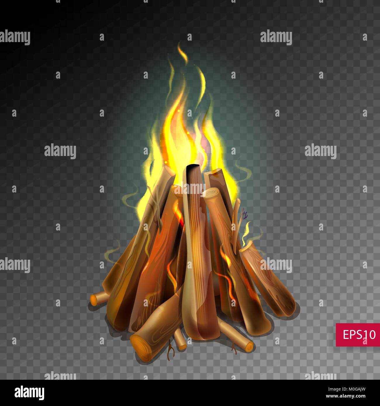 realistic burning bonfire with wood on transparence background, vector ...