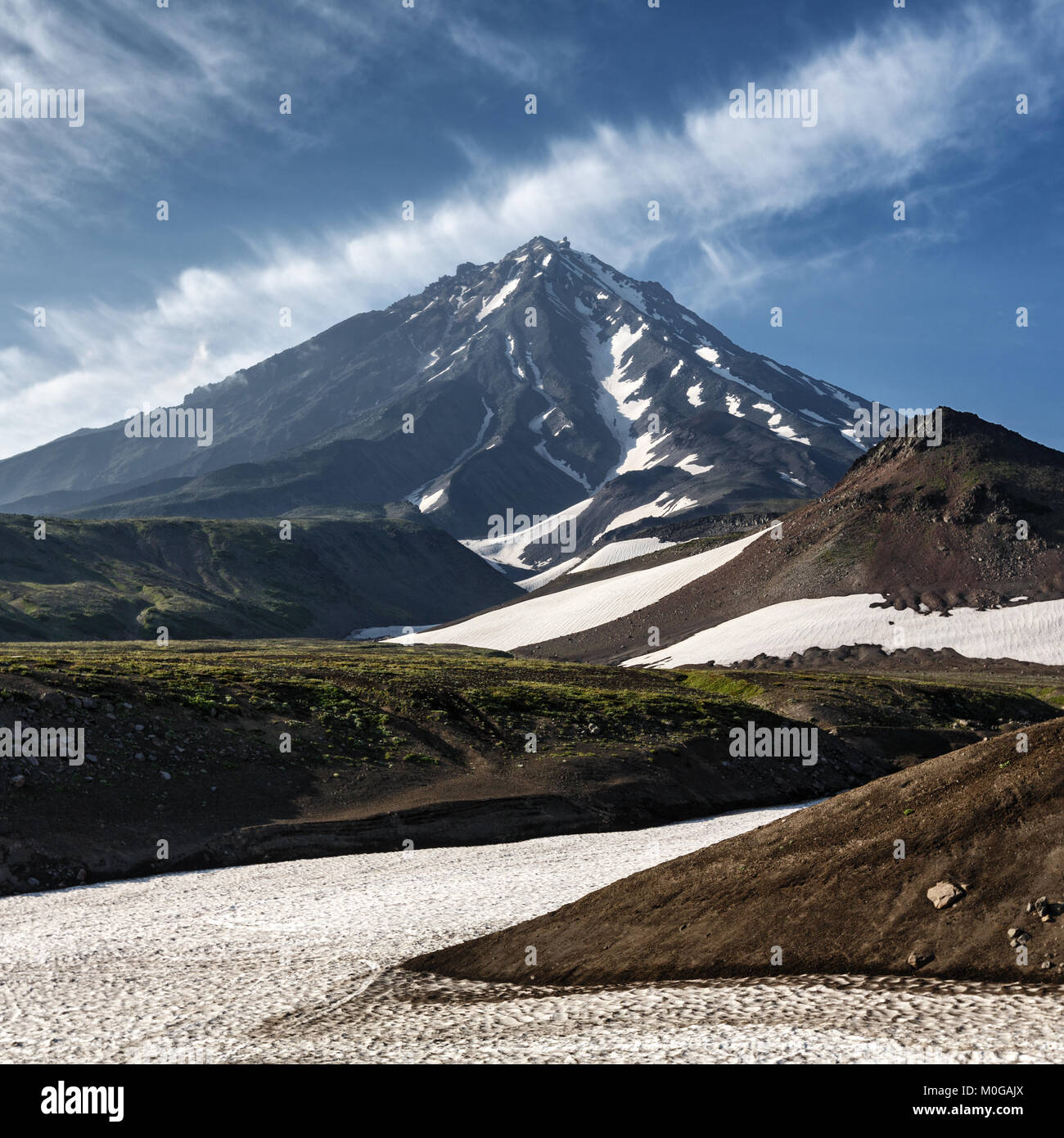 Mountain landscape of Kamchatka Peninsula: scenery active volcano ...