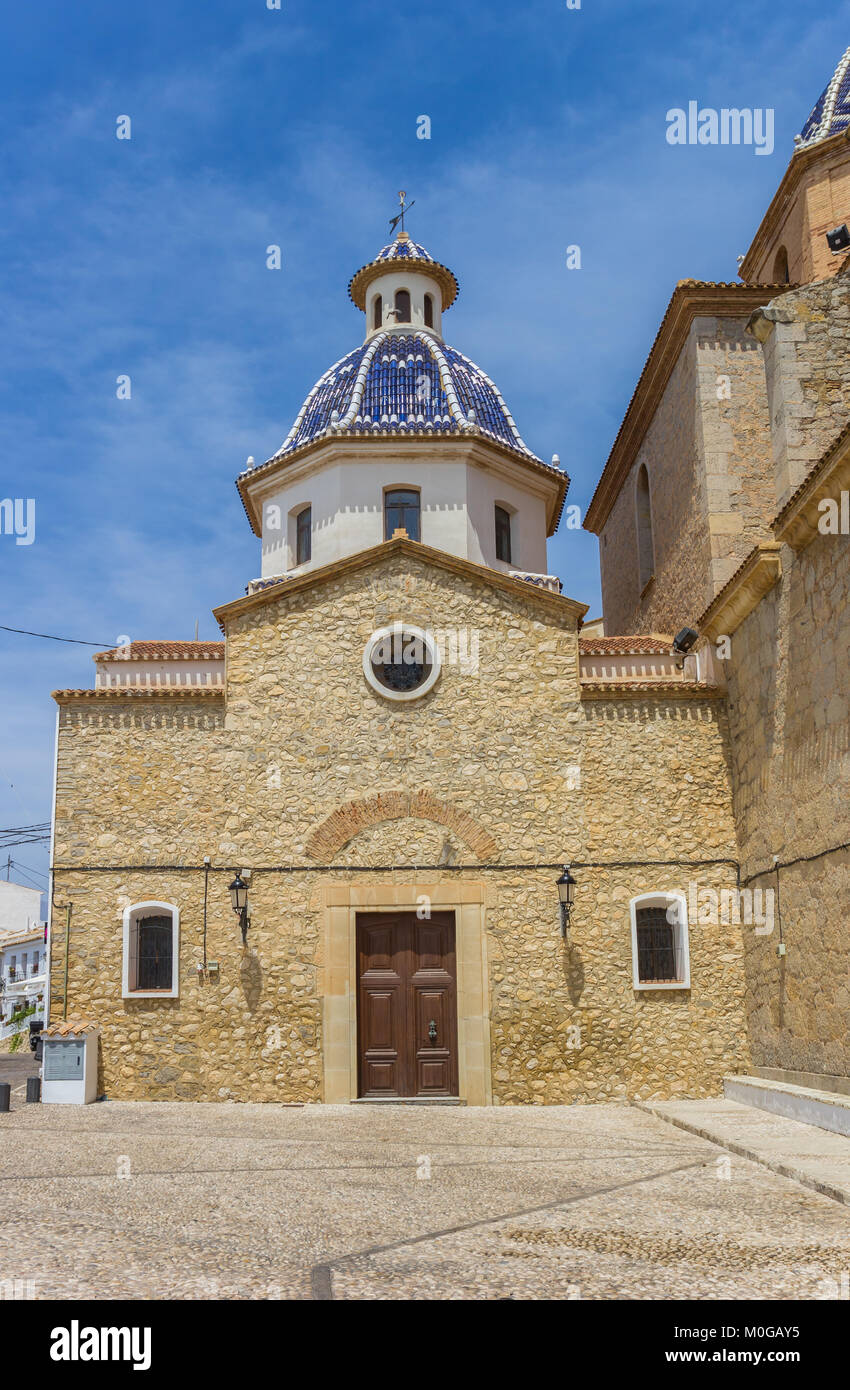 Central square with old church in Altea, Spain Stock Photo - Alamy