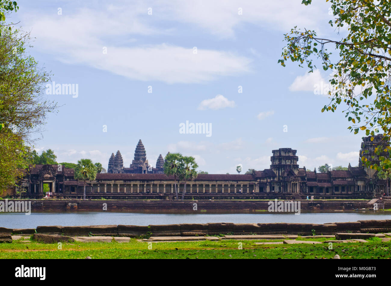 Moat lake surrounding the famous Ankor Wat ruins in Siem Reap, Cambodia ...