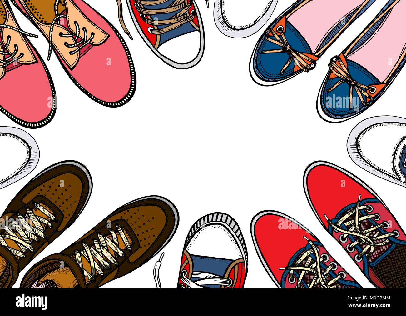 Background of many sports shoes lined up in a circle with free space ...