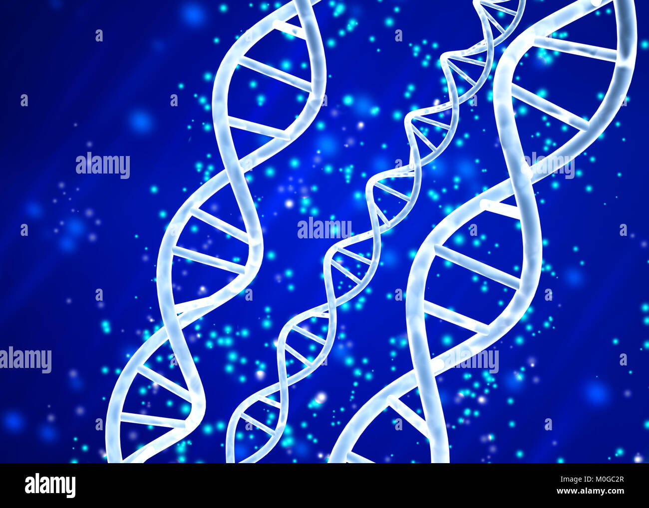 Digital models of DNA structure and magic sparks on abstract blue ...