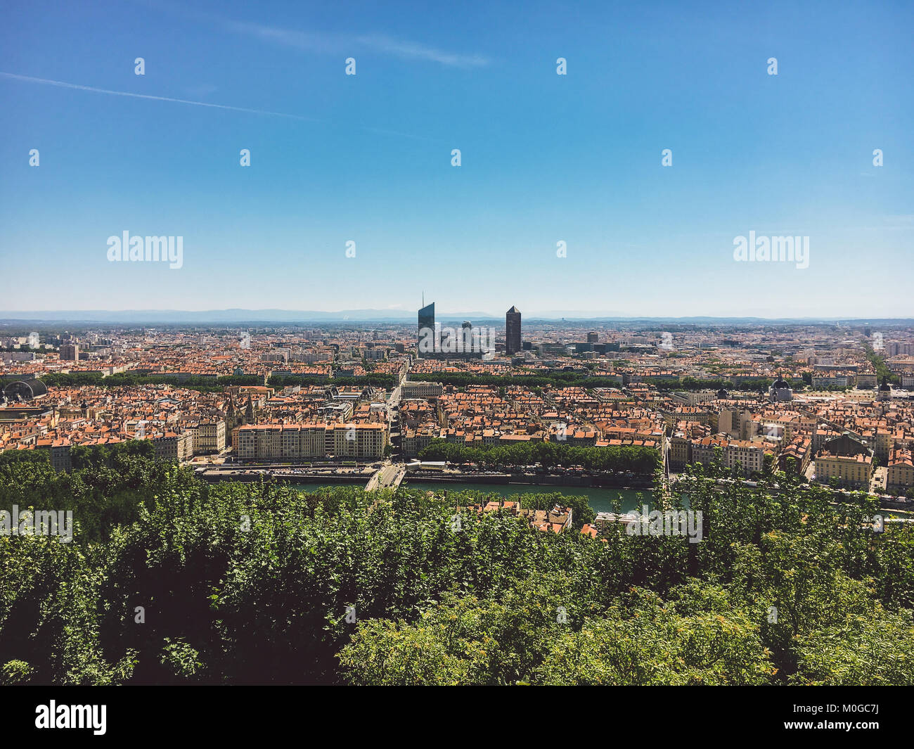 Huge wide Panorama summer view of the city, Lyon, France. With colorful ...