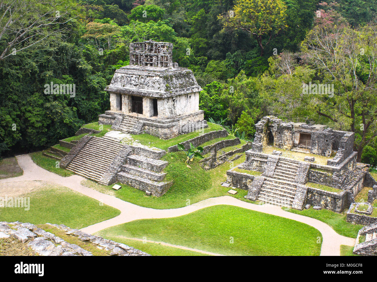 Aerial view of ruins Temples of the Cross Group, pre-Columbian Maya ...