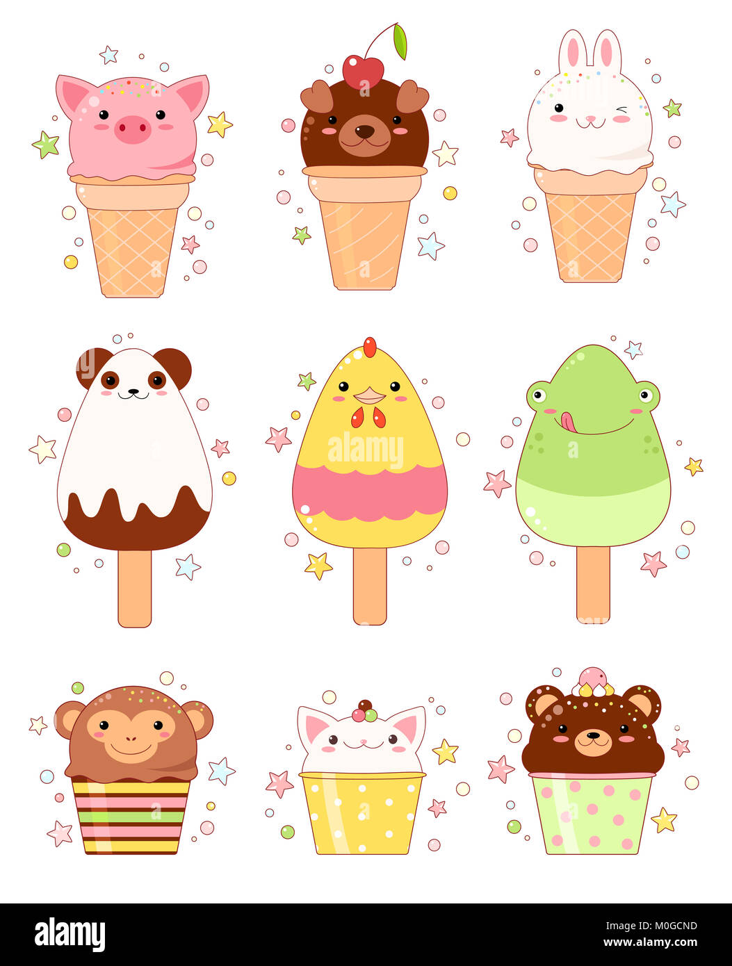 Vector set of animal shaped ice cream. Vanilla, chocolate, lemon ...