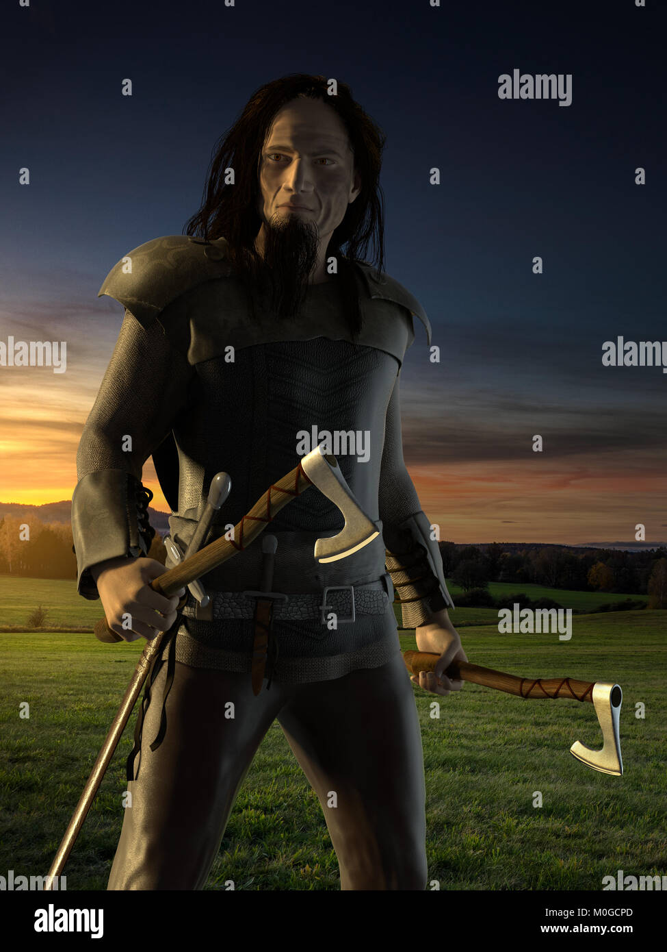 Viking warrior with axe and sword on meadow by sunset Stock Photo - Alamy