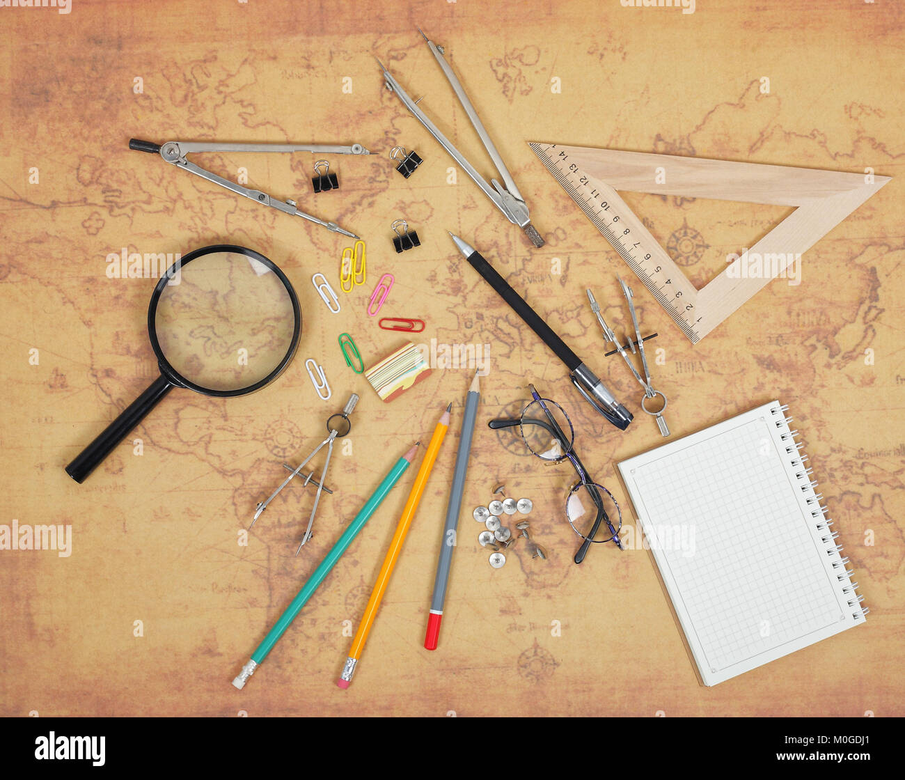 Science and education - Desktop of the scientist objects map background ...
