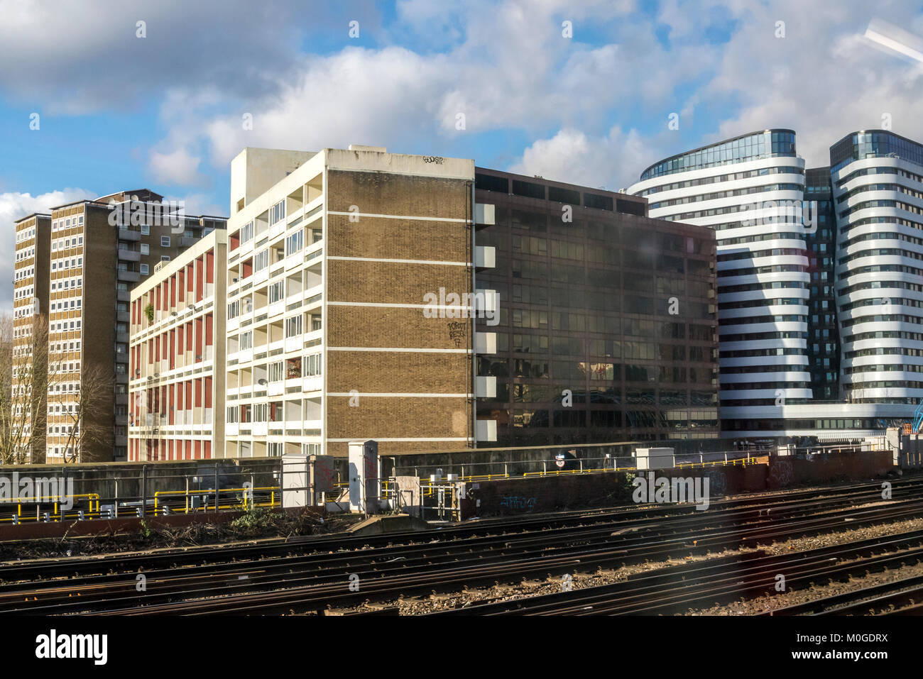Residential housing estate buildings next to the railway lines at ...