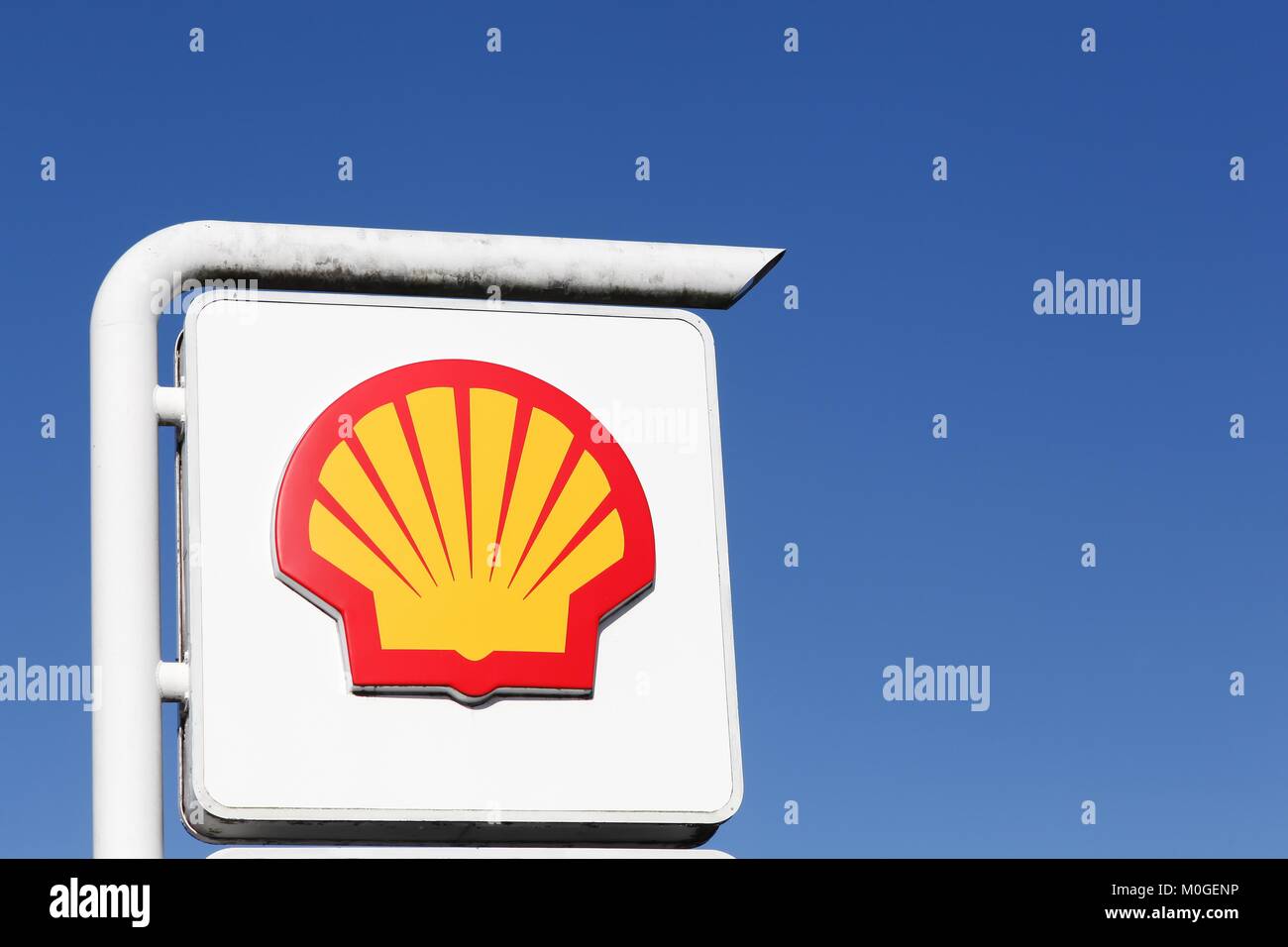 Villefranche, France - September 30, 2015: Shell logo on a gas station ...