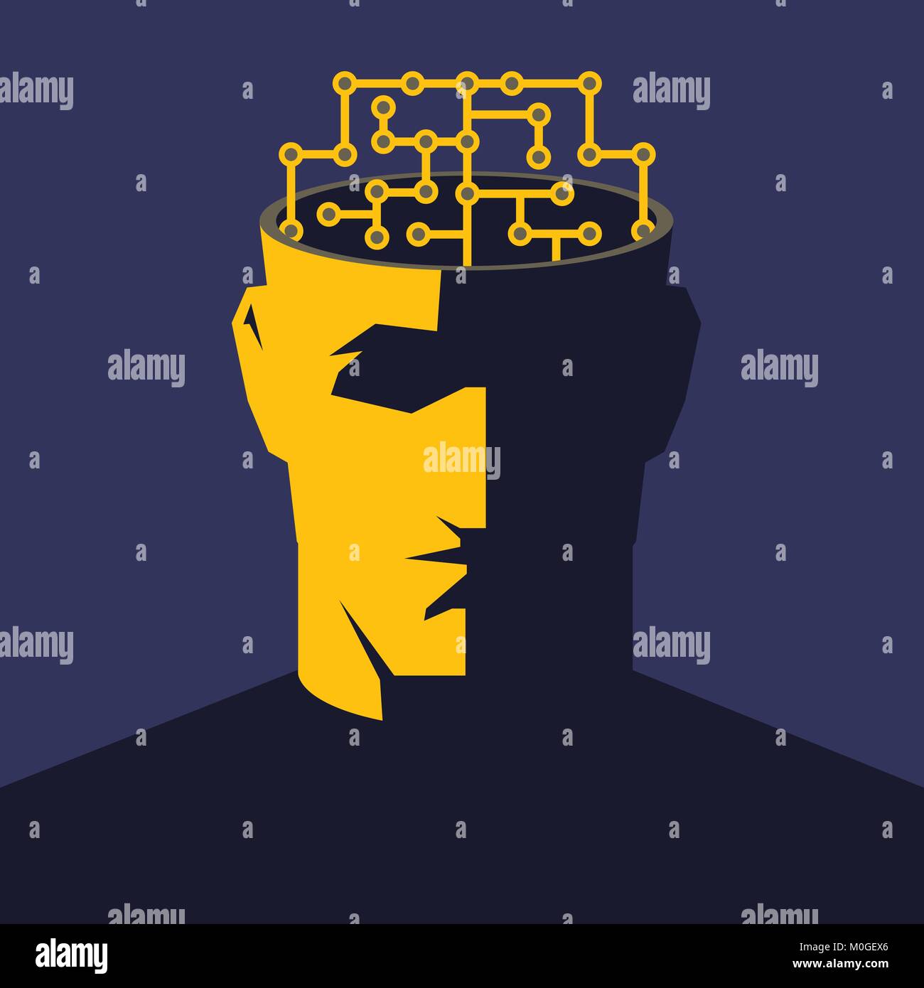 Male open head with cyberbrain inside. Artificial intelligence concept ...