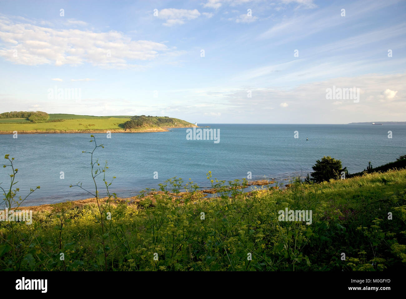 View to St Anthony Head and lighthouse, St Mawes, Cornwall, England, UK ...