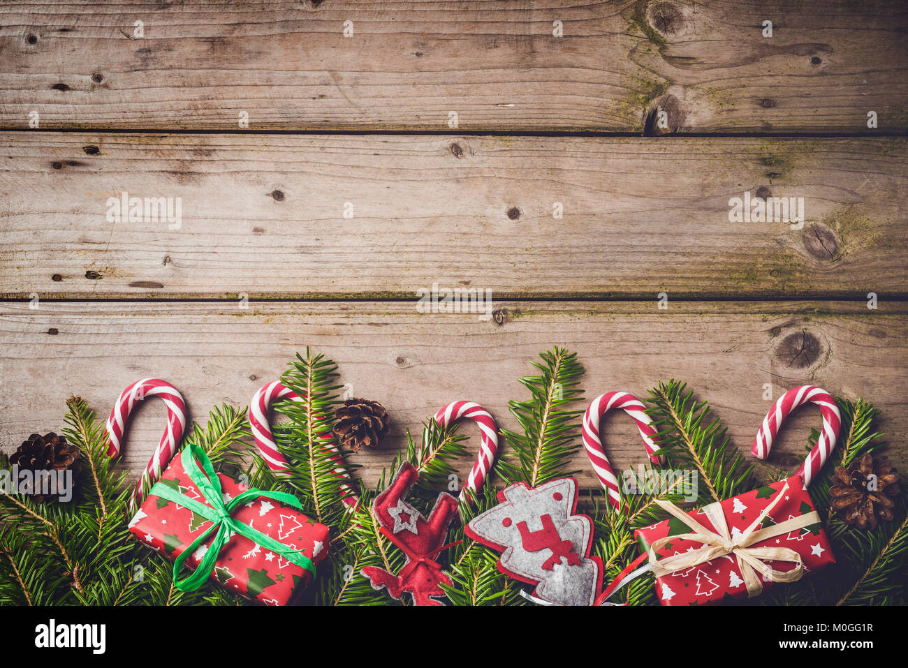 Christmas background with colorful gift boxes and decorations Stock ...