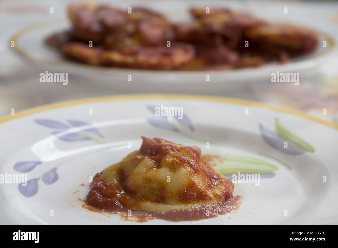 isolated handmade raviolo on a dish with on the background a full dish ...
