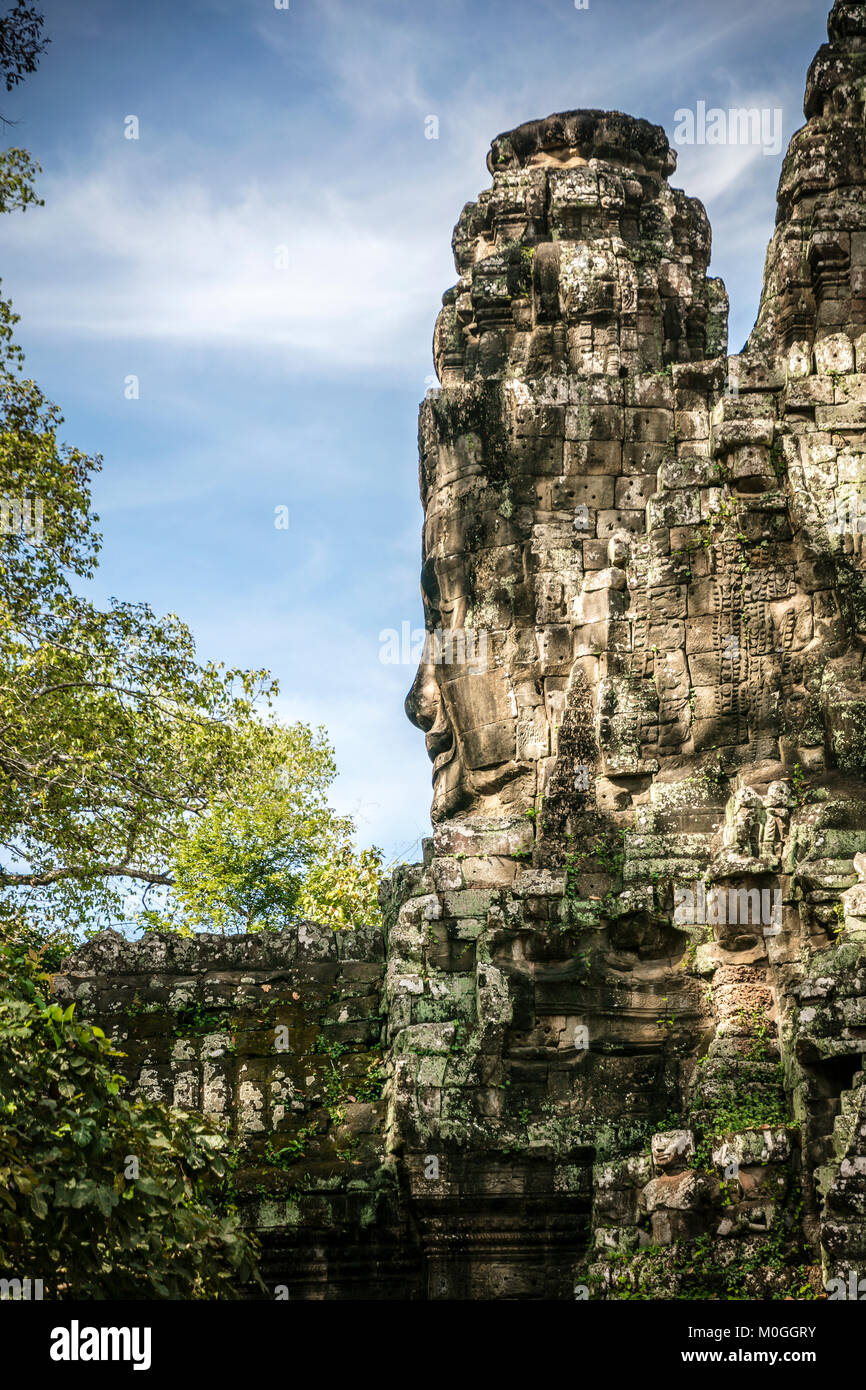 Faces on tower, Victory Gate, Bayon Temple, Angkor Thom, Cambodia Stock ...