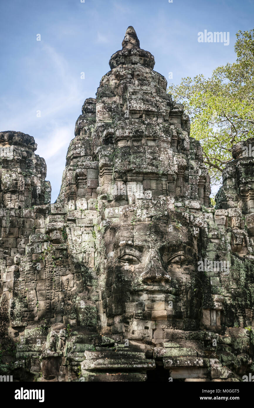 Faces on tower, Victory Gate, Bayon Temple, Angkor Thom, Cambodia Stock ...