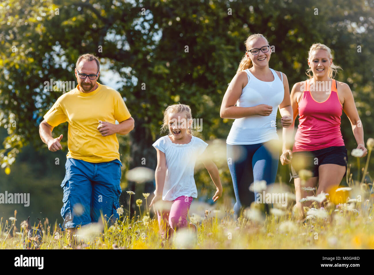 Family running on a meadow for sport Stock Photo - Alamy