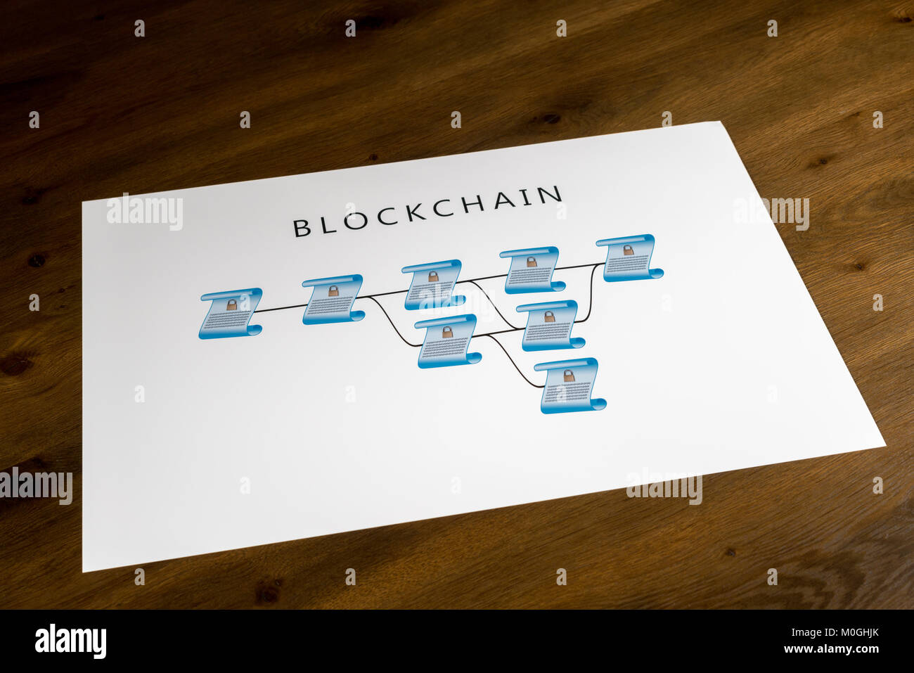 Printed schematic illustration of blockchain on desk Stock Photo - Alamy