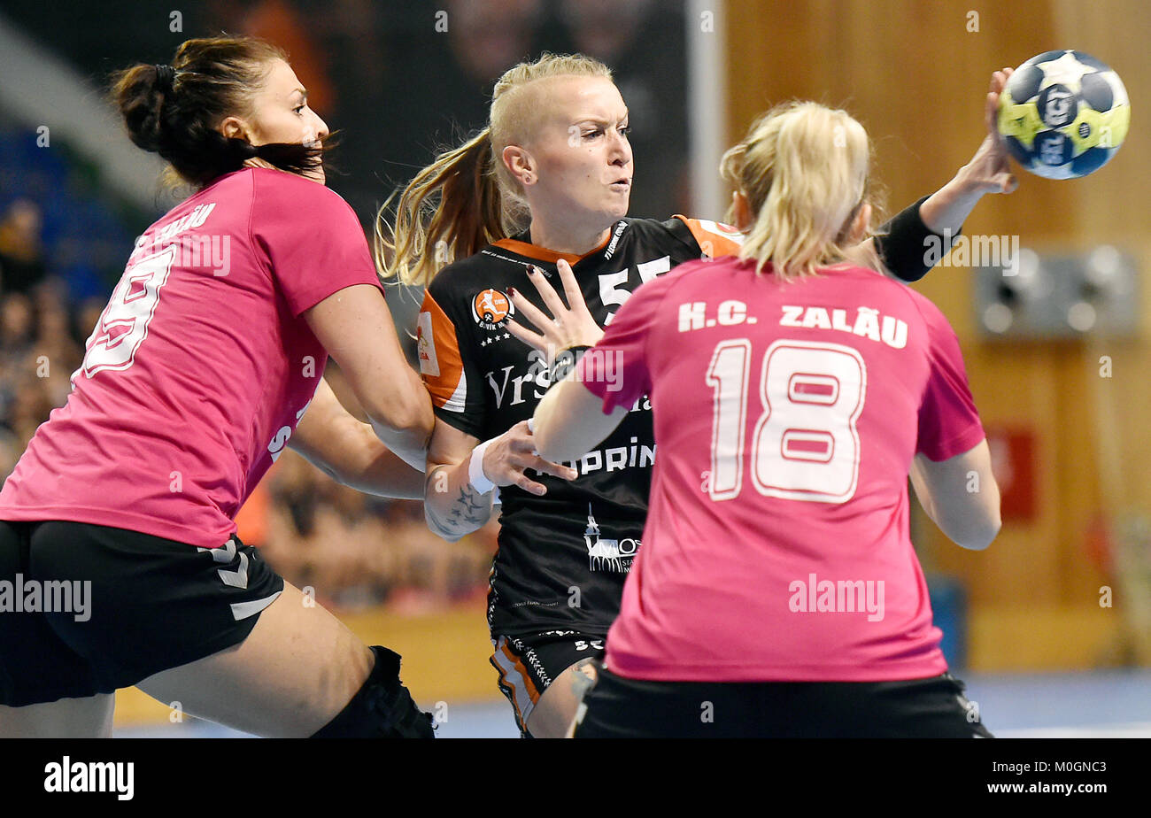 Most, Czech Republic. 21st Jan, 2018. Petra Manakova (centre) of Banik ...