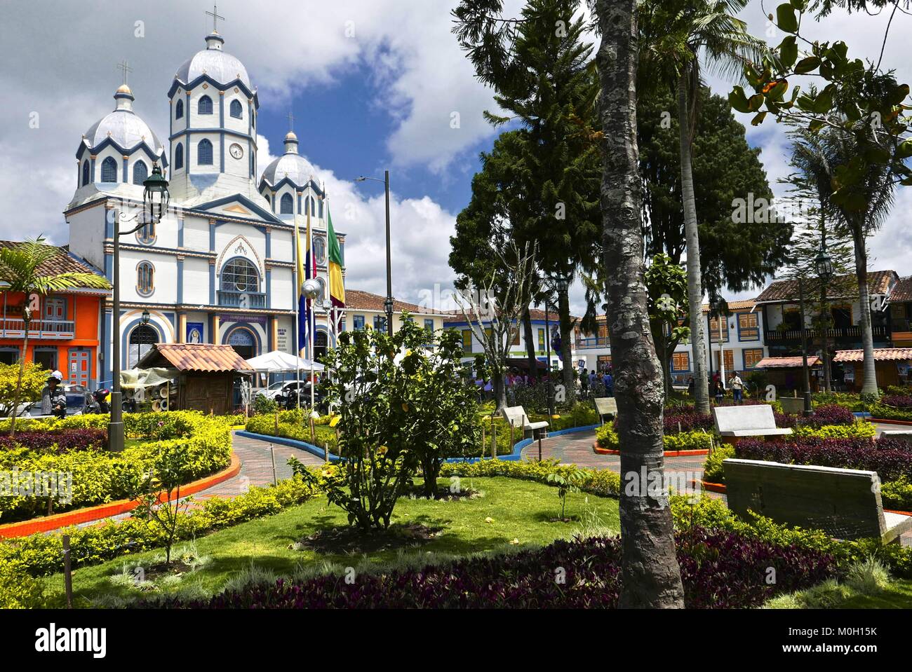 Filandia, Quindio, Colombia. 2nd Oct, 2016. Main square with the Church ...