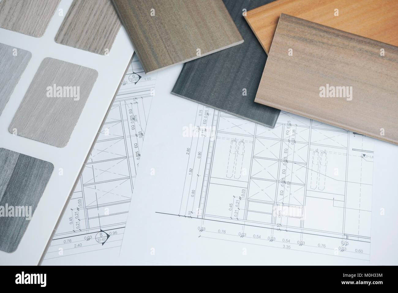 color and material samples on architectural drawings of the modern ...