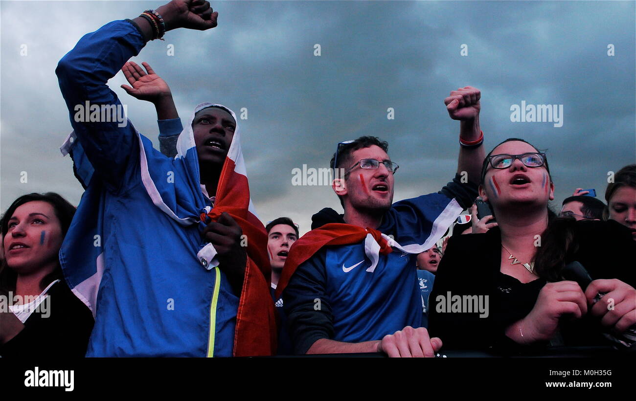 Football supporters attend public broadcasting at Bellecour square ...