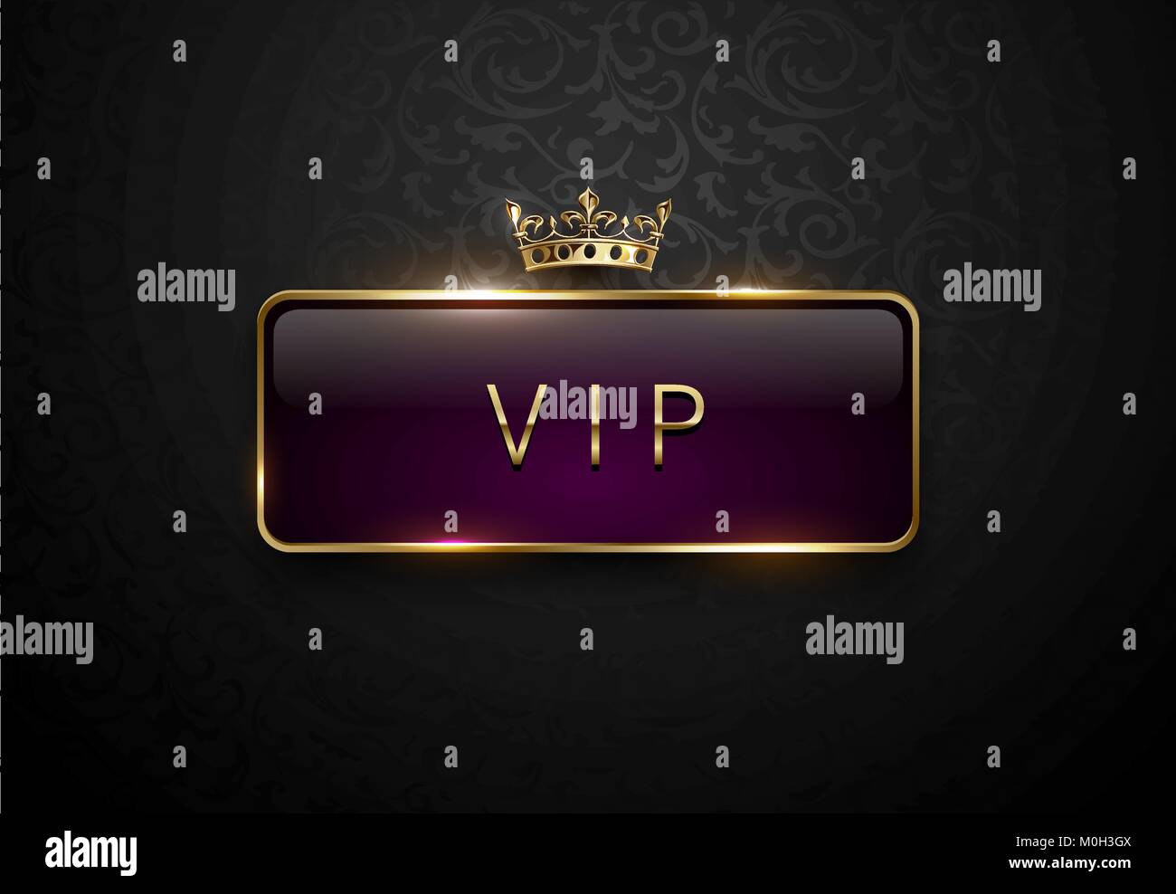 Vip royal purple label with golden frame and crown on black floral ...