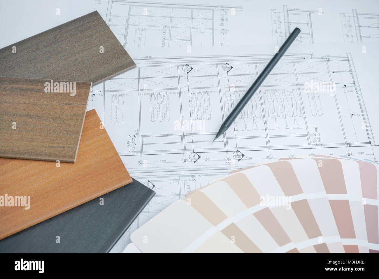 color and material samples on architectural drawings of the modern ...