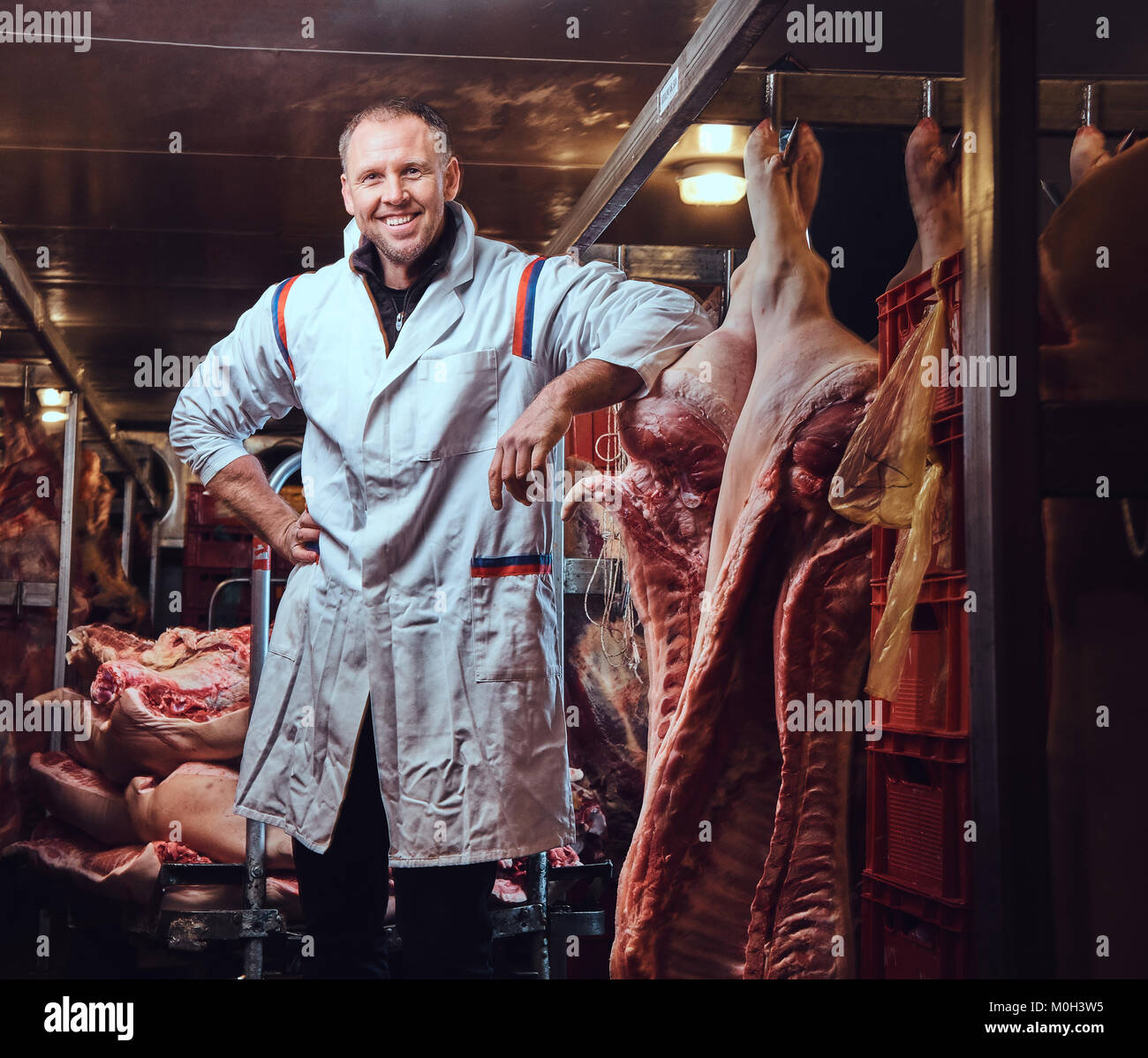 The butcher in a meat factory Stock Photo - Alamy