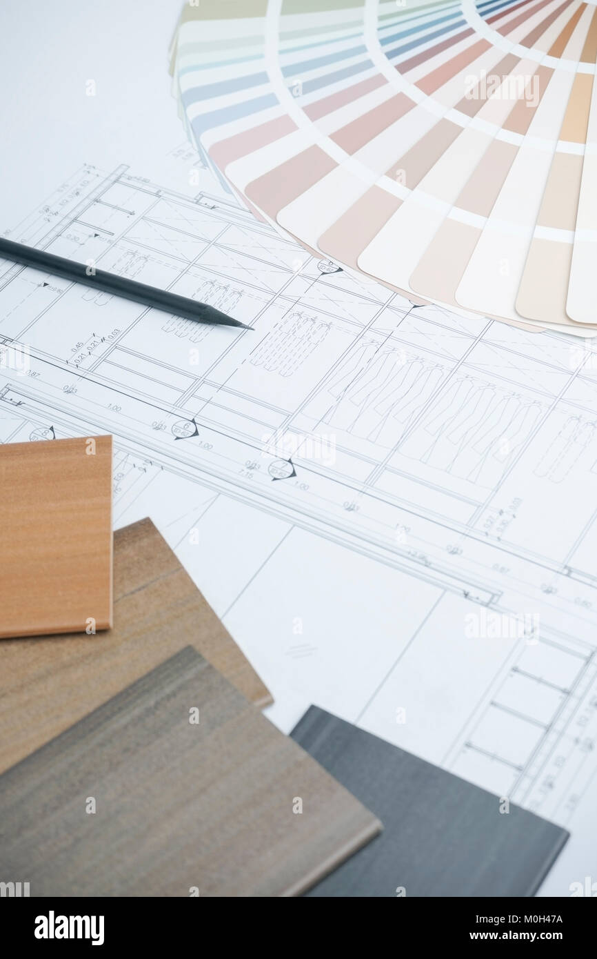 color and material samples on architectural drawings of the modern ...