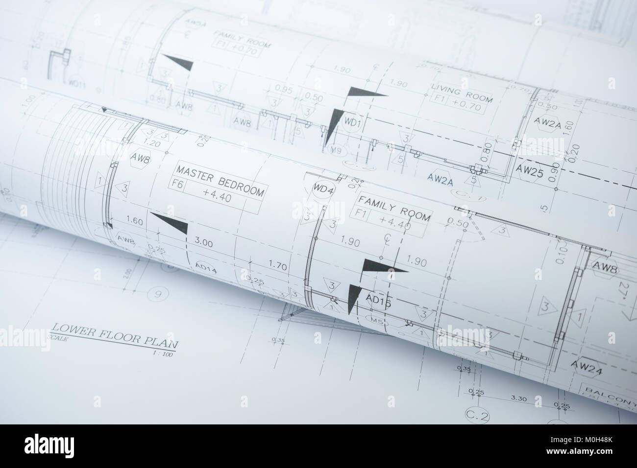 architectural drawing paper rolls of a dwelling for construction Stock ...