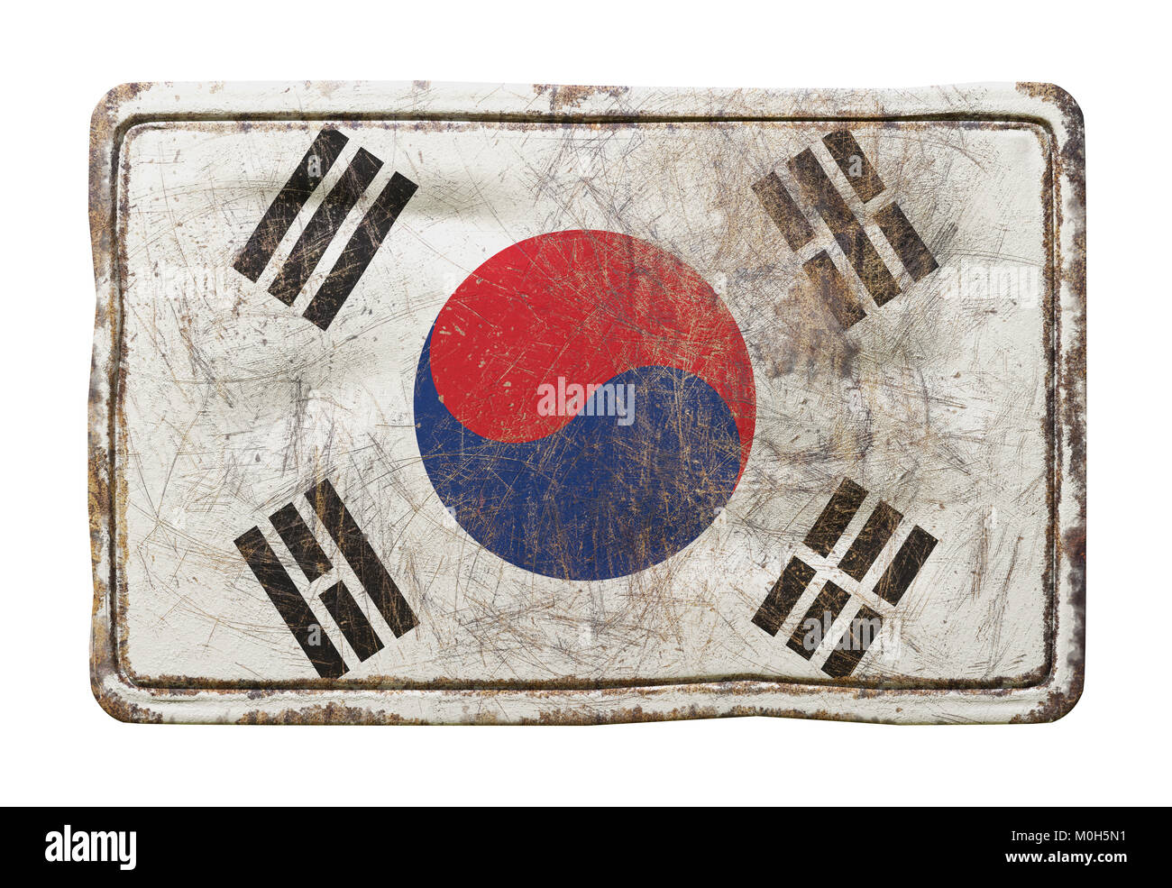 3d rendering of a South Korea flag over a rusty metallic plate ...