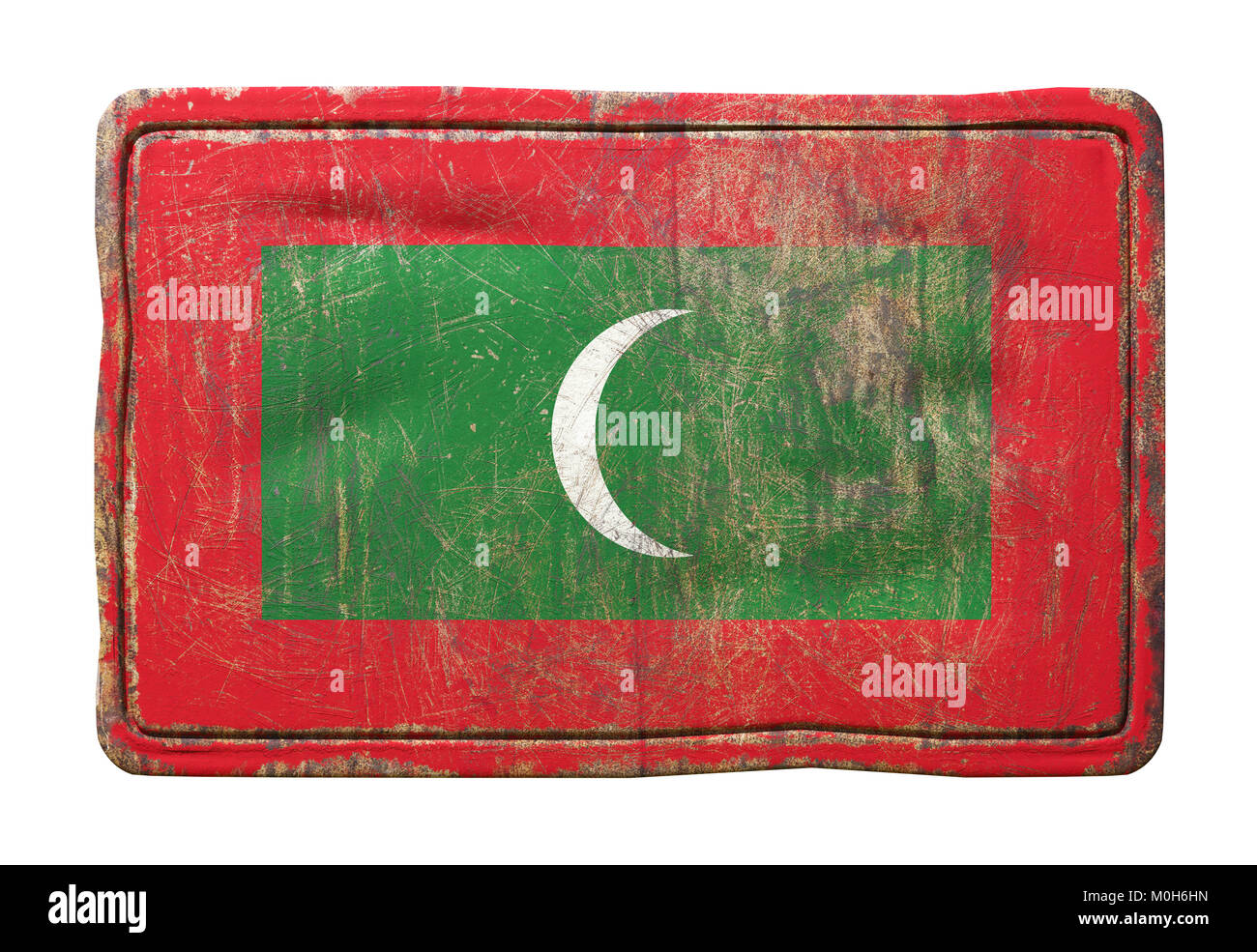 3d rendering of a Maldives flag over a rusty metallic plate. Isolated ...