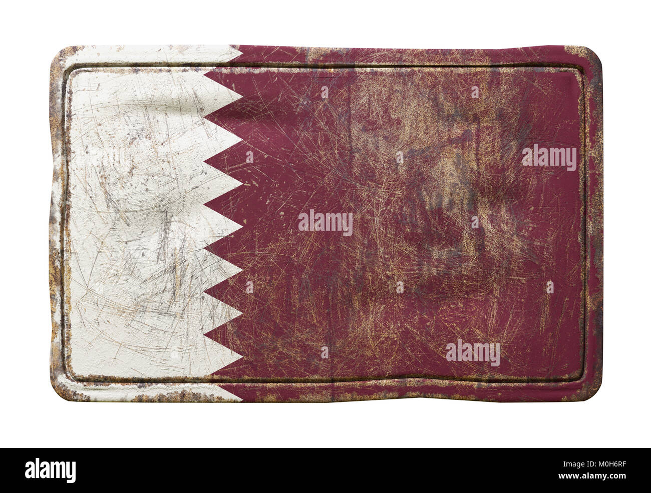 3d rendering of a Qatar flag over a rusty metallic plate. Isolated on ...