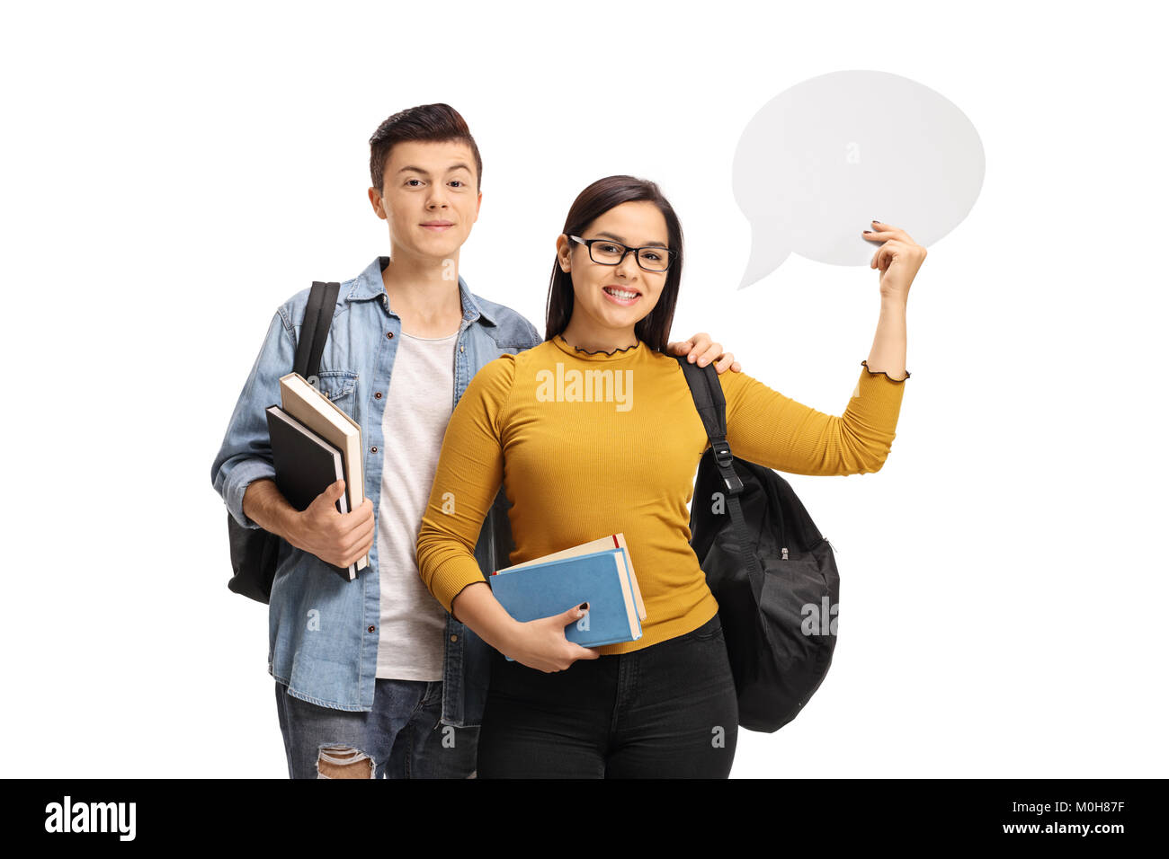 Teenage students with books and a chat bubble isolated on white ...
