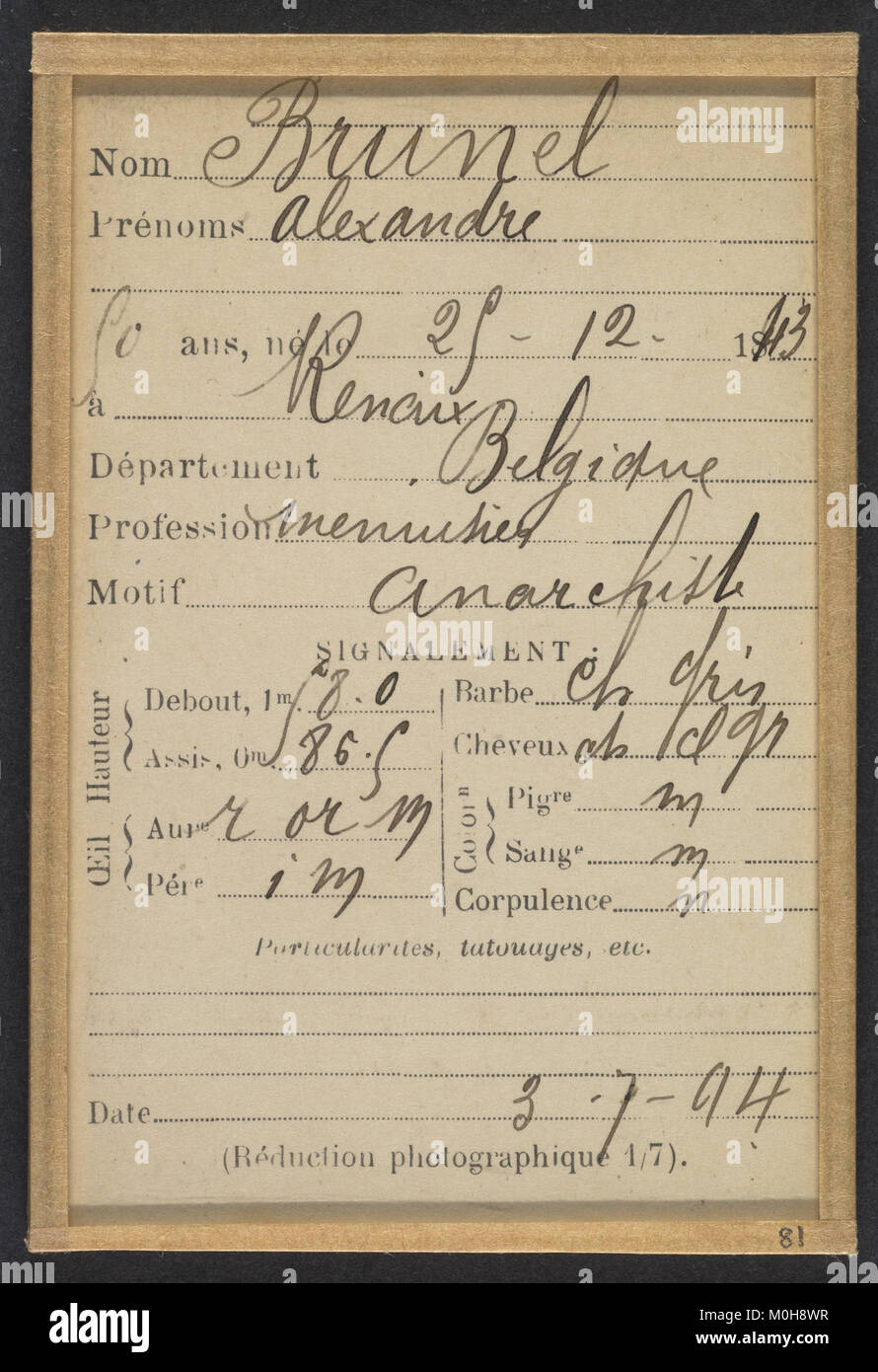 Record of Alexandre Brunel, born December 25, 1843 in Renaix, Belgium ...