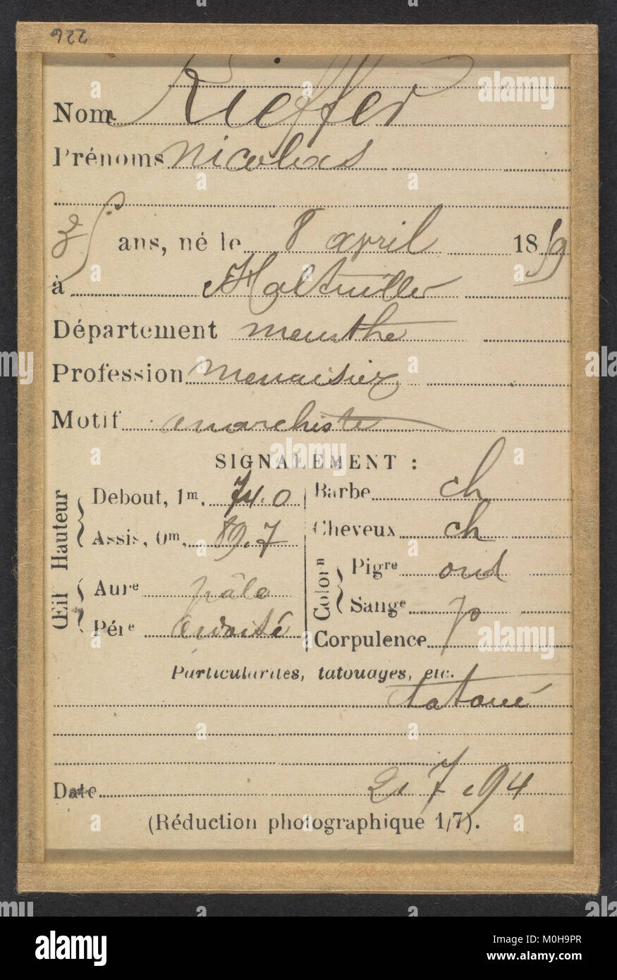 Police record of Nicolas Kieffer, born in 1859 in Haltuiller, Meurthe ...