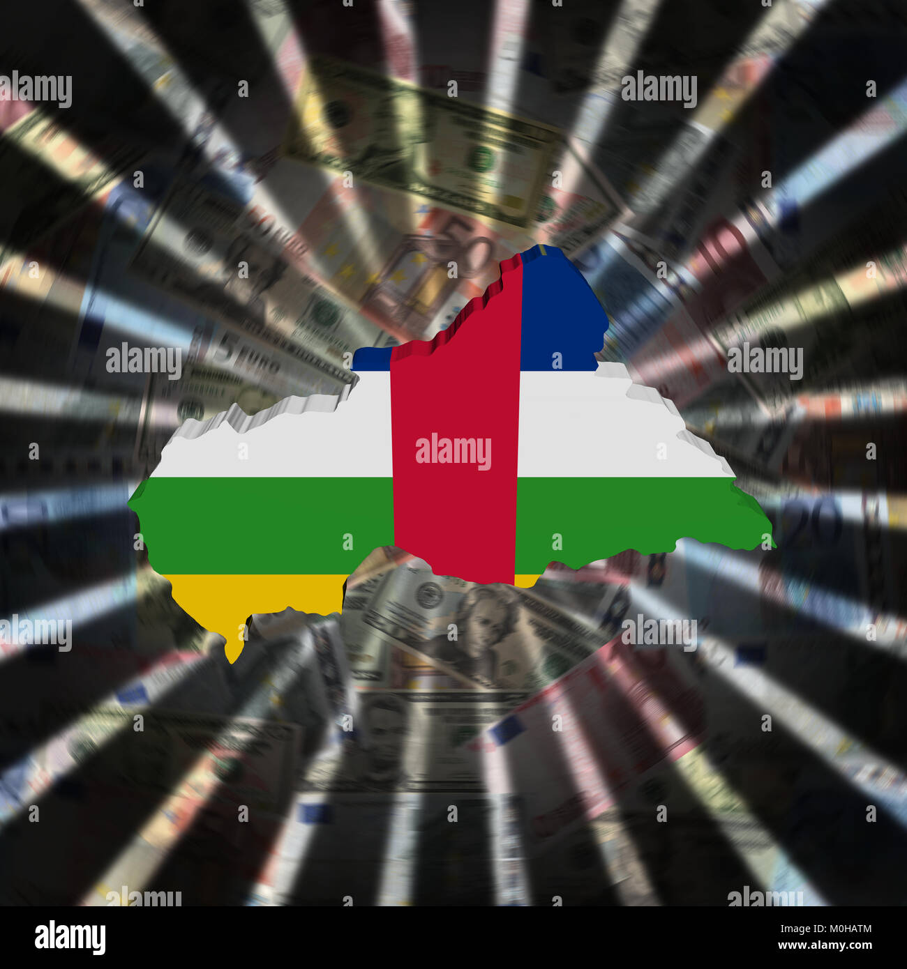 Central African Republic map flag on currency burst illustration Stock ...