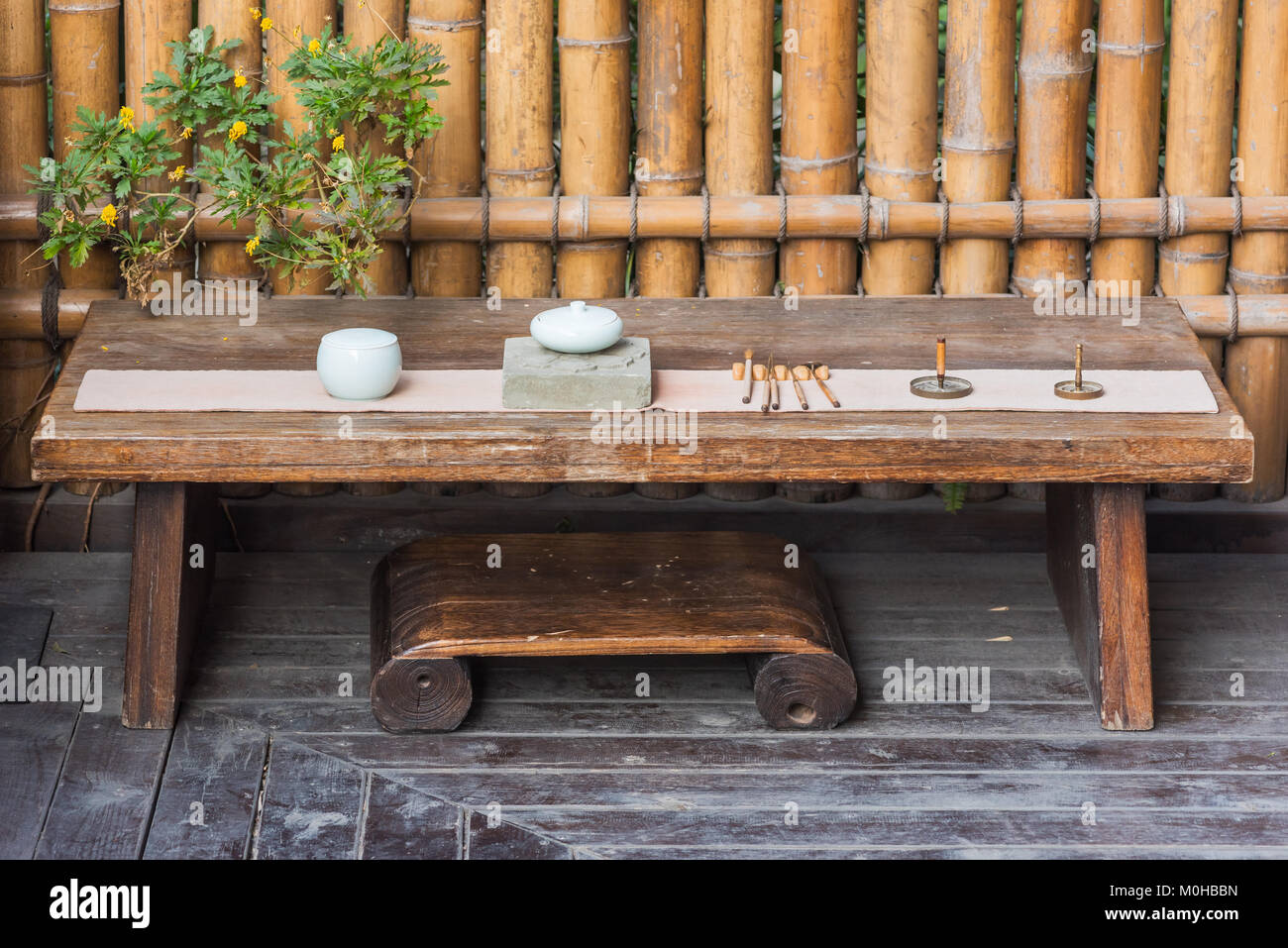Wooden table with traditional chinese set of tools to prepare tea Stock ...