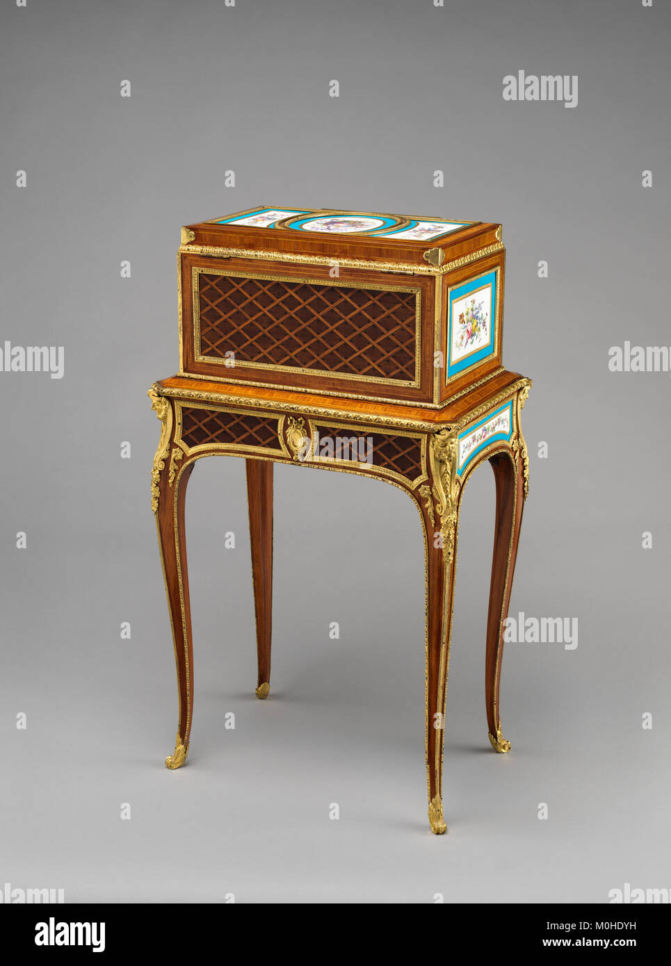 A French jewel coffer on a stand, crafted in the 18th century, held at ...