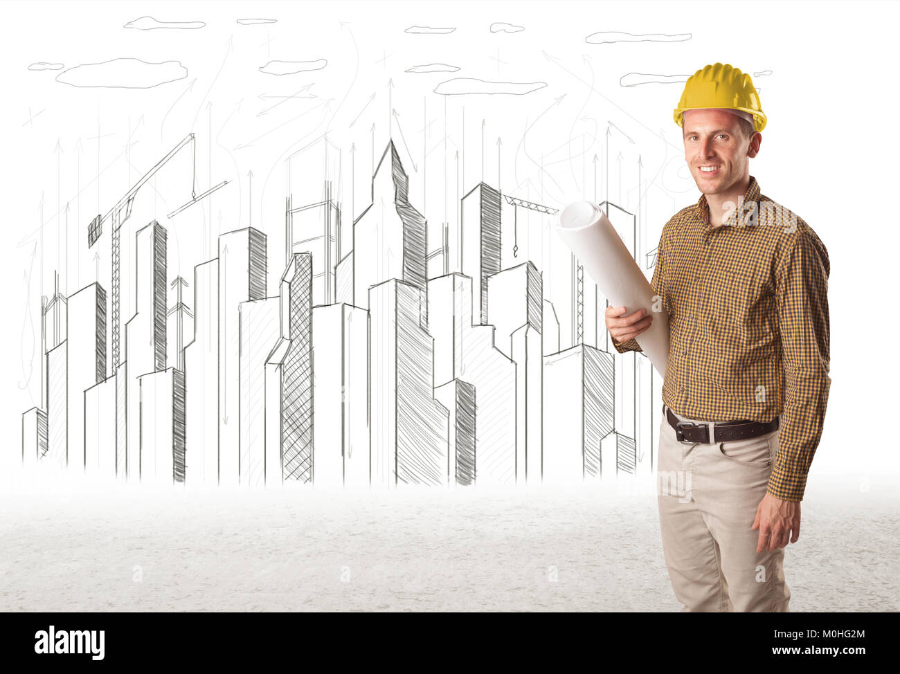 Engineer man with building city drawing in background Stock Photo - Alamy