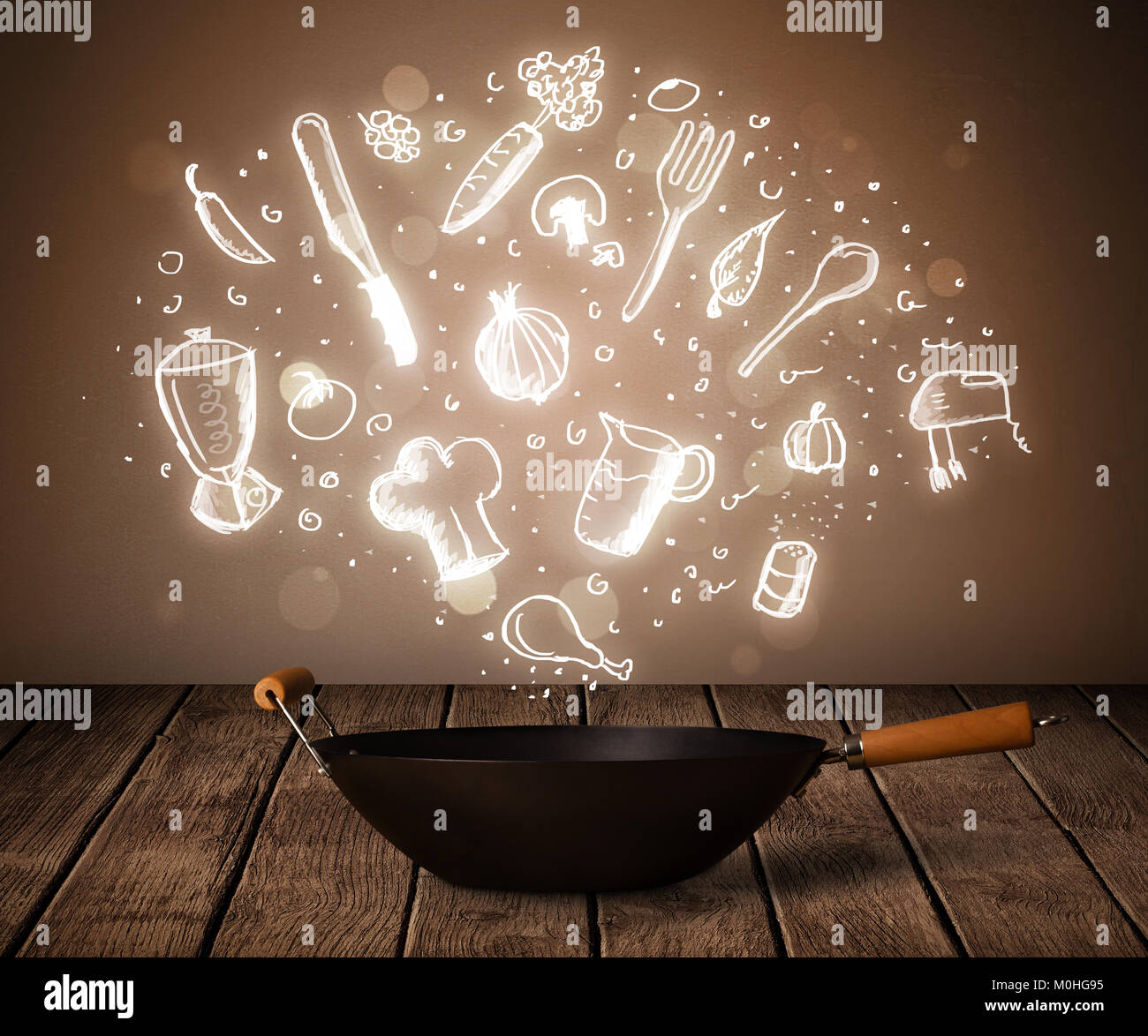 Shiny cooking icons coming out from cooking pot Stock Photo - Alamy